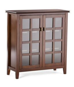 simplihome artisan solid wood 38 inch wide transitional medium storage cabinet in russet brown, for the living room, entryway and family room