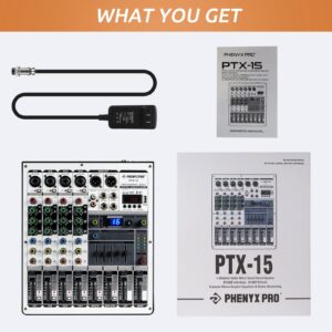 Professional Audio Mixer, Phenyx Pro Sound Mixer w/USB Audio Interface, 4-Channel Sound board Dj Mixer w/Stereo Equalizer, 16 DSP Effects, suitable for Stage, Live Gigs, and Karaoke (PTX-15)