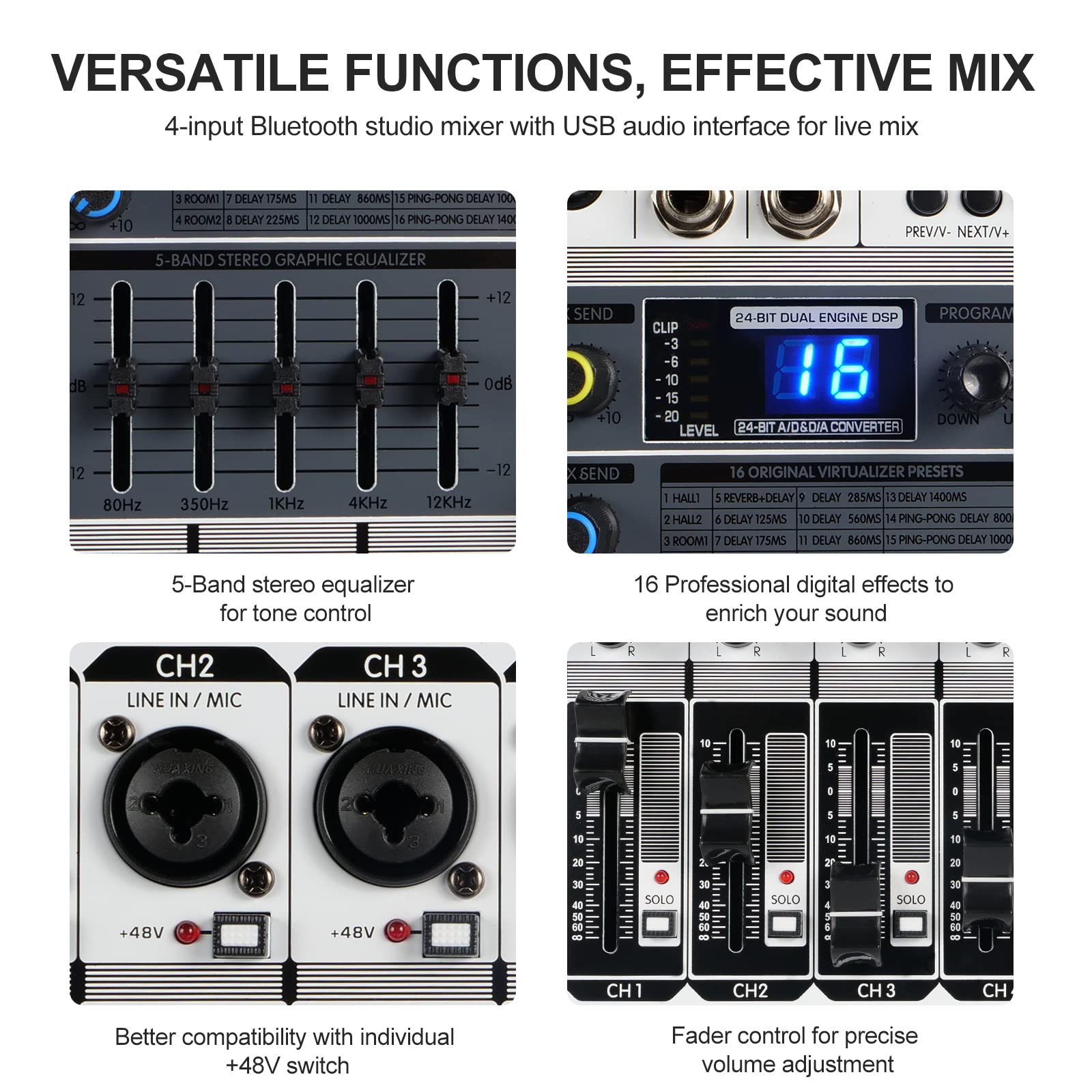 Professional Audio Mixer, Phenyx Pro Sound Mixer w/USB Audio Interface, 4-Channel Sound board Dj Mixer w/Stereo Equalizer, 16 DSP Effects, suitable for Stage, Live Gigs, and Karaoke (PTX-15)