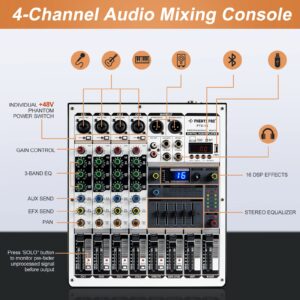 Professional Audio Mixer, Phenyx Pro Sound Mixer w/USB Audio Interface, 4-Channel Sound board Dj Mixer w/Stereo Equalizer, 16 DSP Effects, suitable for Stage, Live Gigs, and Karaoke (PTX-15)