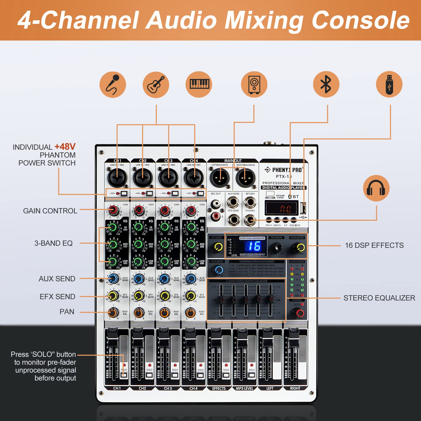 Professional Audio Mixer, Phenyx Pro Sound Mixer w/USB Audio Interface, 4-Channel Sound board Dj Mixer w/Stereo Equalizer, 16 DSP Effects, suitable for Stage, Live Gigs, and Karaoke (PTX-15)