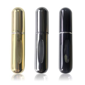 muou 3 pack - 5 milliliter mini refillable perfume atomizer bottle, multicolor perfume spray, scent pump case for traveling and outgoing (gold-black-silver)