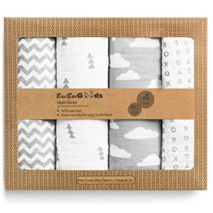 muslin swaddle blankets – soft pure cotton muslin blankets – 4 pack of breathable swaddle blankets – unisex baby swaddle blanket set in grey/white designs – multi use muslin blankets – 47 x 47 inches