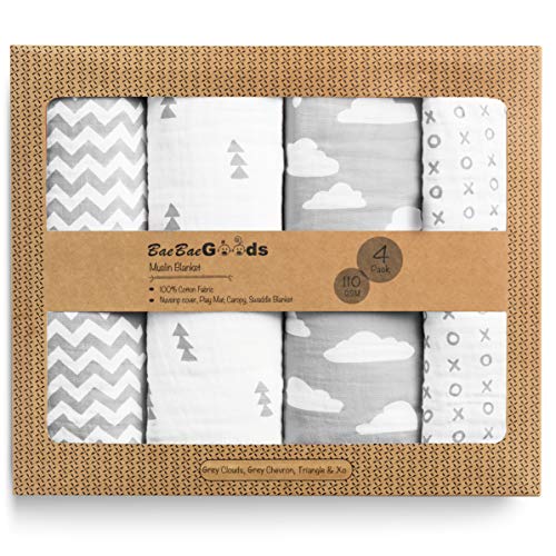 Muslin Swaddle Blankets – Soft Pure Cotton Muslin Blankets – 4 Pack of Breathable Swaddle Blankets – Unisex Baby Swaddle Blanket Set in Grey/White Designs – Multi Use Muslin Blankets – 47 x 47 inches