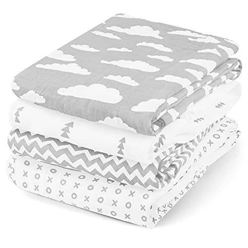 Muslin Swaddle Blankets – Soft Pure Cotton Muslin Blankets – 4 Pack of Breathable Swaddle Blankets – Unisex Baby Swaddle Blanket Set in Grey/White Designs – Multi Use Muslin Blankets – 47 x 47 inches