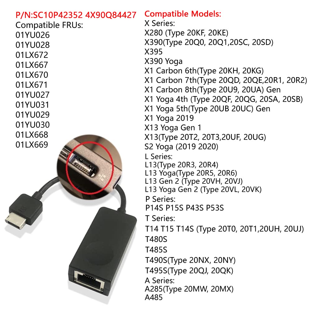 GinTai Ethernet dongle RJ45 Adapter Cable 4X90Q84427 for Lenovo Thinkpad X280,X390,X390 Yoga,X395,X1 Yoga 4th,5th Gen,X1 Carbon 7th,8th Gen,X13,X13 Yoga Gen1,T14s,T495s,T490s,T480s,L13,L13 Yoga