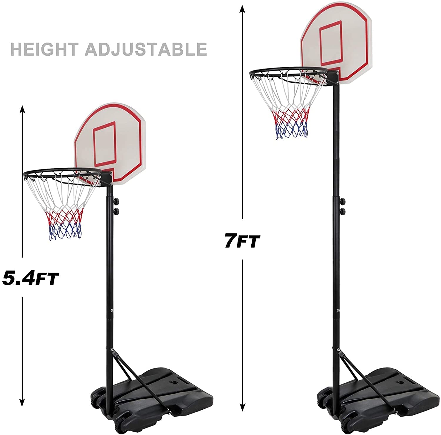 JupiterForce Basketball Hoop Outdoor 5.5-7Ft Height Adjustable, Portable Basketball Hoops & Goals with Backboard&Wheels for Kids/Adults Indoor