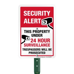 smartsign security alert - this property under 24 hour surveillance, trespassers will be prosecuted sign for lawn | 21” tall stake & sign kit