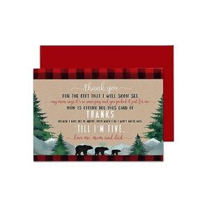 lumberjack baby thank you cards, 15 pack – boys baby shower notes with envelopes set, prefilled message, customizable and personalize blank stationery adventure, new parents gift ideas