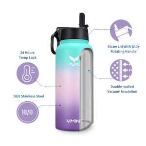 Vmini Water Bottle with New Wide Handle Straw Lid, Wide Mouth Vacuum Insulated 18/8 Stainless Steel, 32 oz, Gradient Mint + Pink + Purple