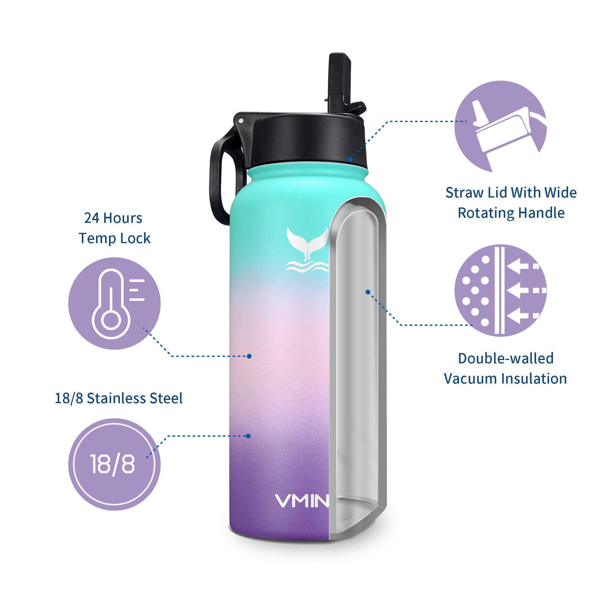 Vmini Water Bottle with New Wide Handle Straw Lid, Wide Mouth Vacuum Insulated 18/8 Stainless Steel, 32 oz, Gradient Mint + Pink + Purple