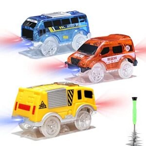 track cars only, flex track race cars replacement glow in the dark, battery operated snap n glow ttrax cars for track accessories with 5 flashing led lights up, compatible with tracks for kids (3pack)