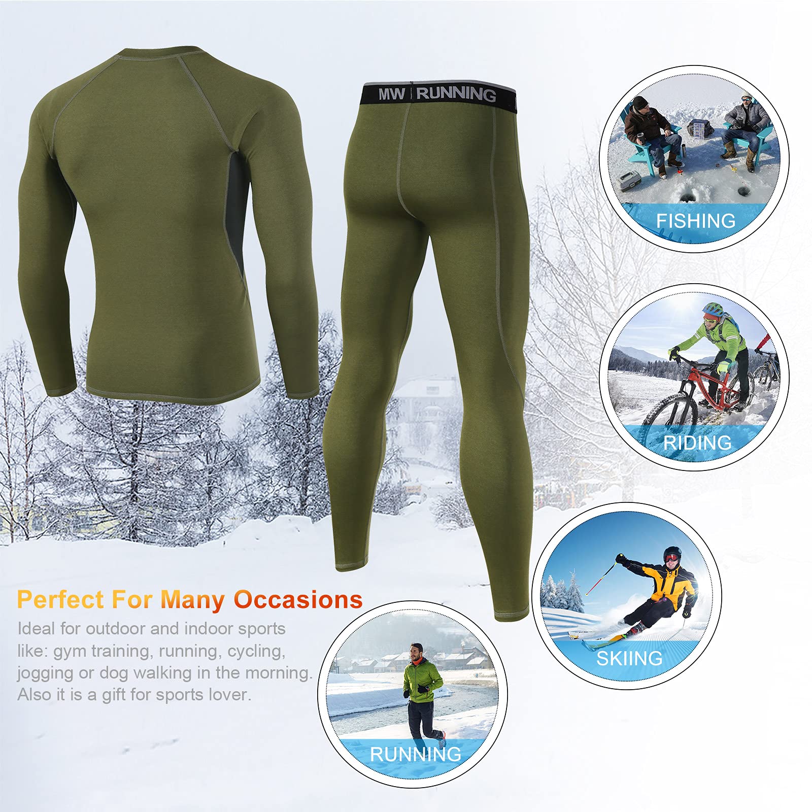 MEETWEE Thermal Underwear for Men, Winter Base Layer Set Tops & Long Johns Winter Ski Cold Weather Gear for Heat Retention Green