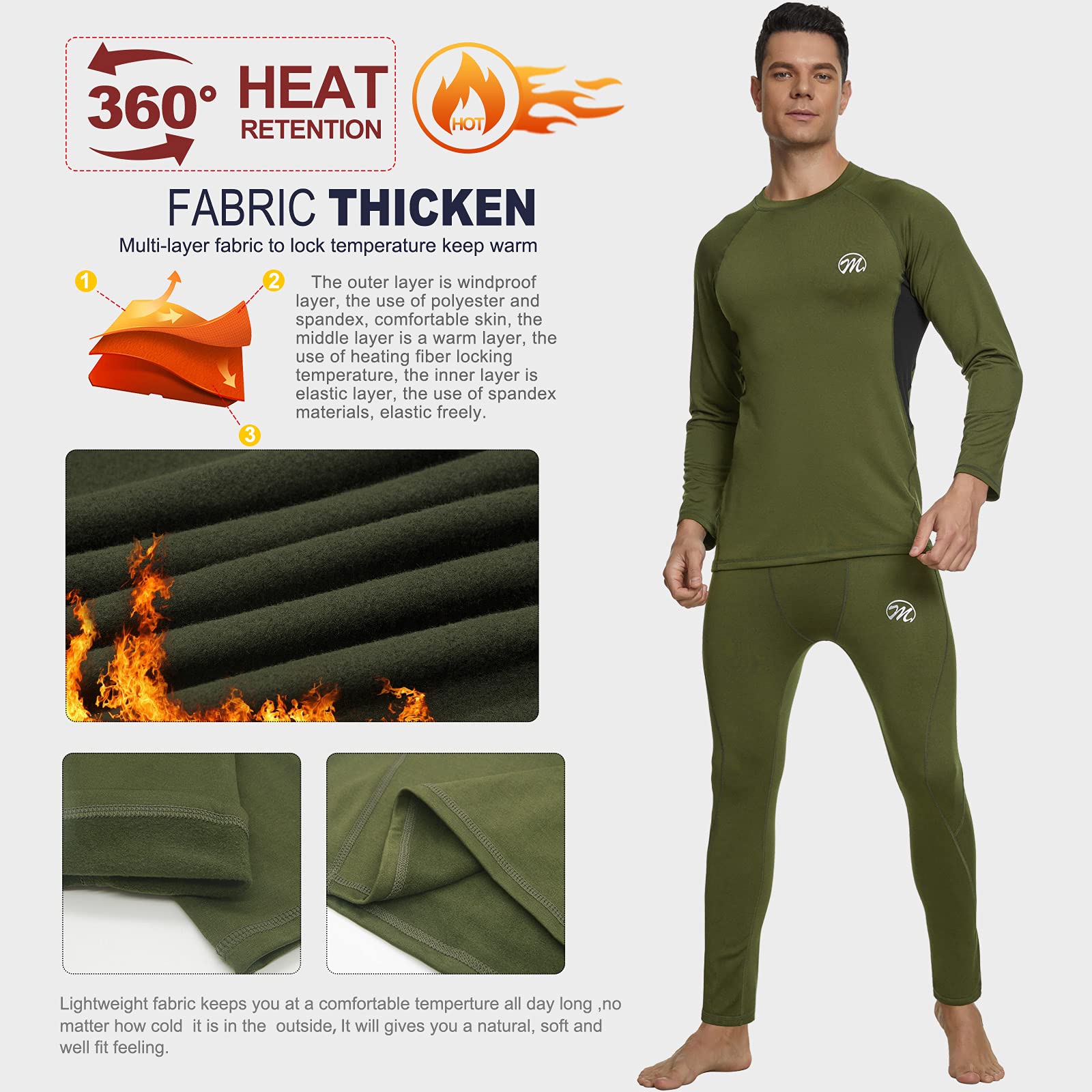 MEETWEE Thermal Underwear for Men, Winter Base Layer Set Tops & Long Johns Winter Ski Cold Weather Gear for Heat Retention Green