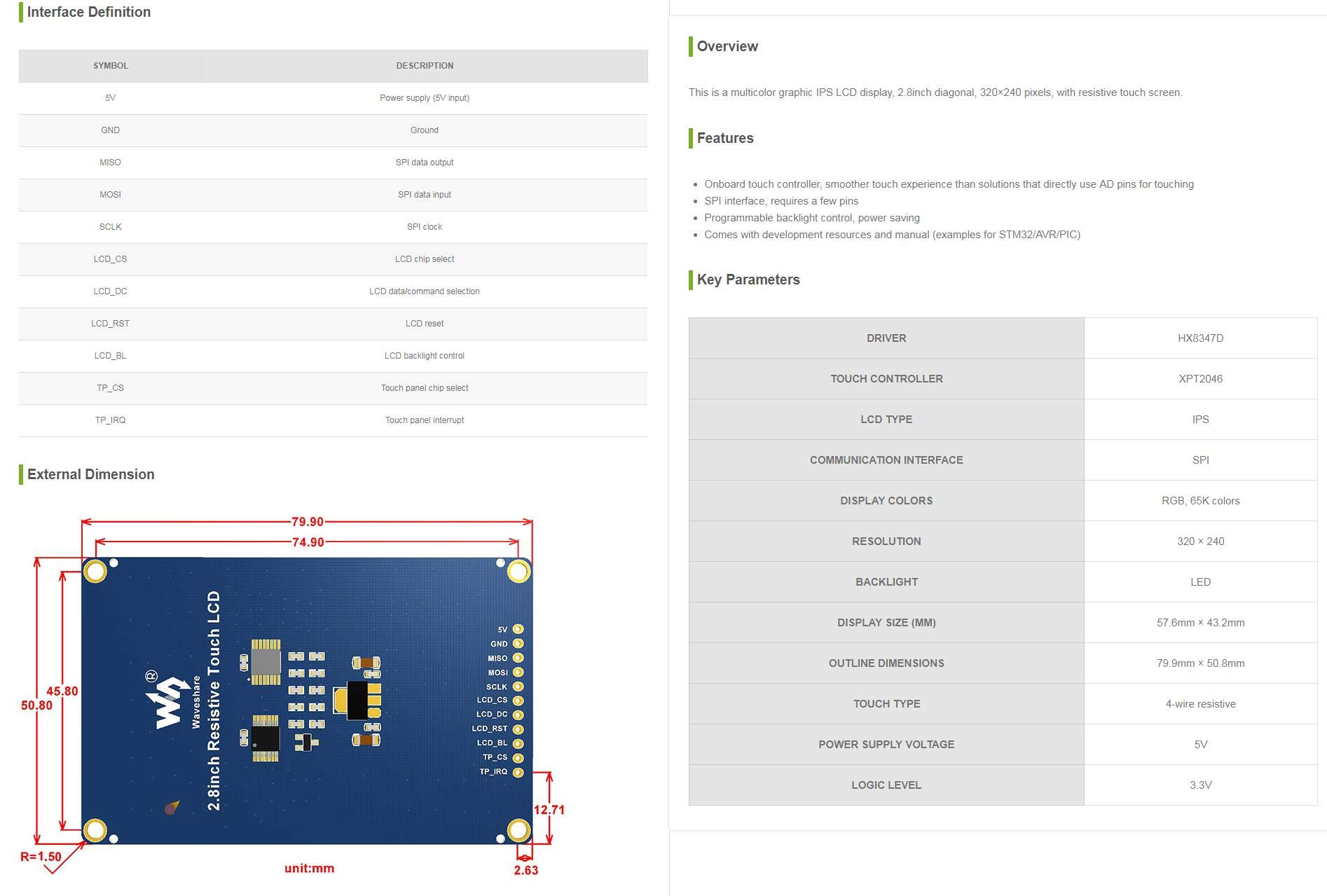 Waveshare 2.8inch 320×240 Pixels IPS LCD with 4-Wire Resistive Touch Screen SPI Communication Interface