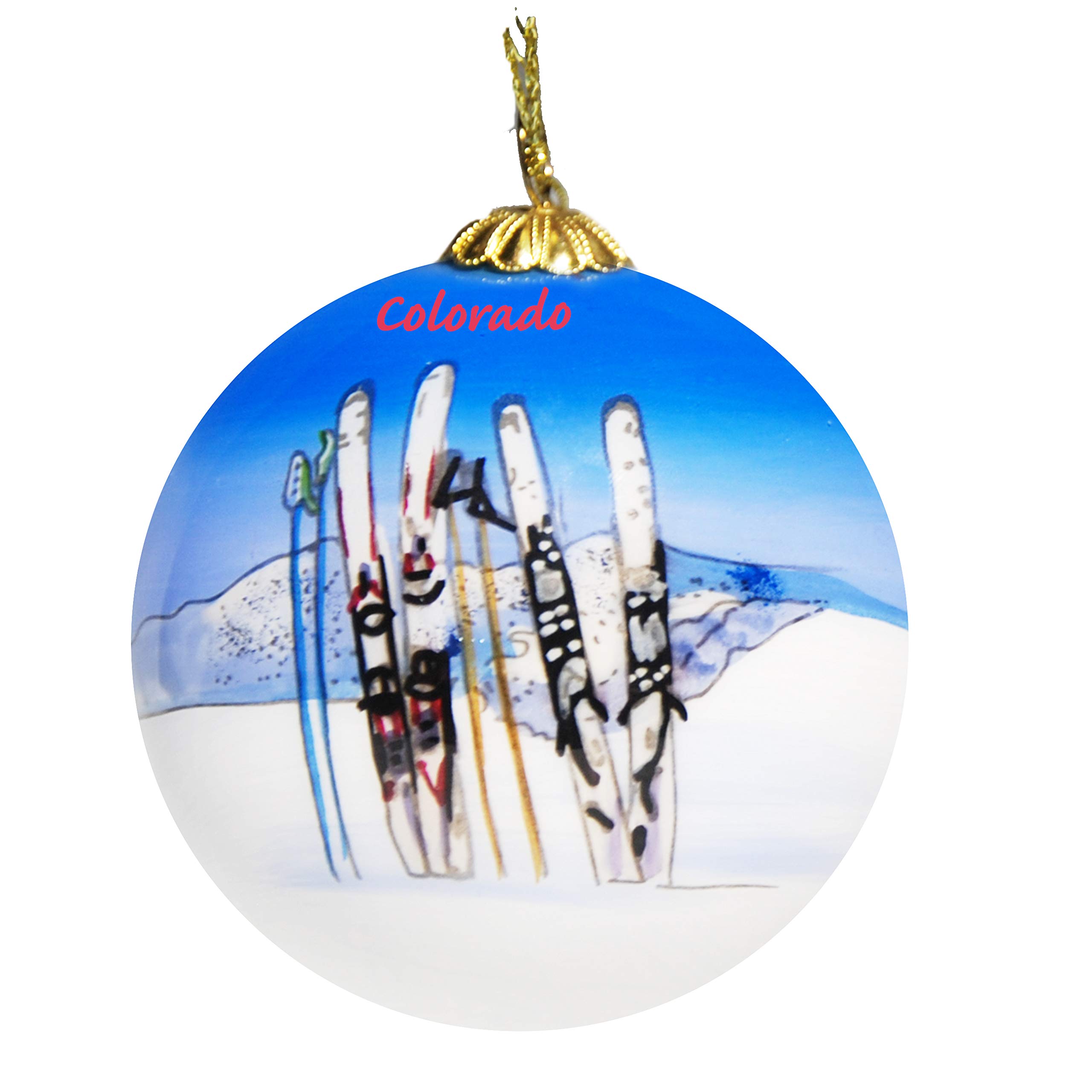 Blown Glass Christmas Ornament | Skis & Poles in Snow Colorado | Hand Painted Inside | Original Art | Includes Gift Box