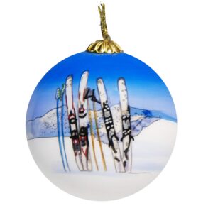 Blown Glass Christmas Ornament | Skis & Poles in Snow Colorado | Hand Painted Inside | Original Art | Includes Gift Box