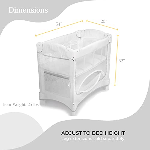 Arm’s Reach Mini Ezee 2 in 1 Co-Sleeper Bedside Bassinet Featuring Breathable Mesh Side Panels with 2 Wheels for Portability, Side Pockets, and Bottom Storage, White