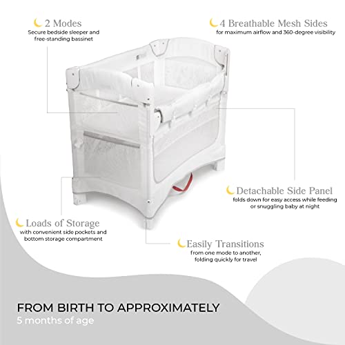 Arm’s Reach Mini Ezee 2 in 1 Co-Sleeper Bedside Bassinet Featuring Breathable Mesh Side Panels with 2 Wheels for Portability, Side Pockets, and Bottom Storage, White