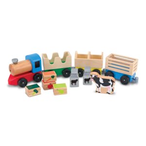 melissa & doug wooden farm train set - classic wooden toy (3 linking cars)