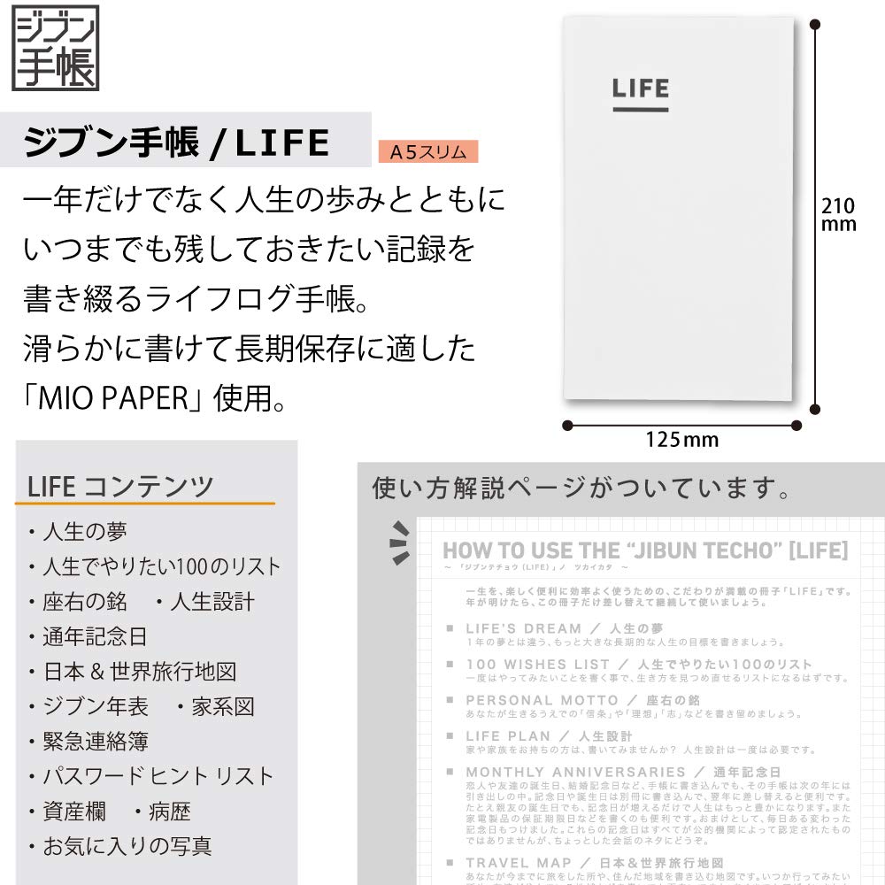 Kokuyo JIBUN_TECHO Life Log Notebook, A5 Slim (8.3" x 4.9"), 40 Sheets, MIO Paper, Japan Import (NI-JCL3)