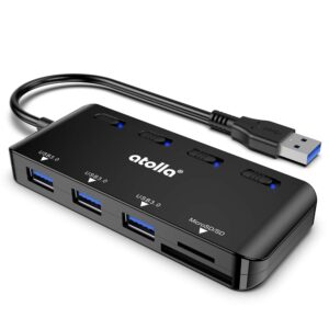 usb sd card reader, atolla usb hub with sd/micro sd card reader, usb splitter with 3 usb ports, 2 card slots and individual led power switches