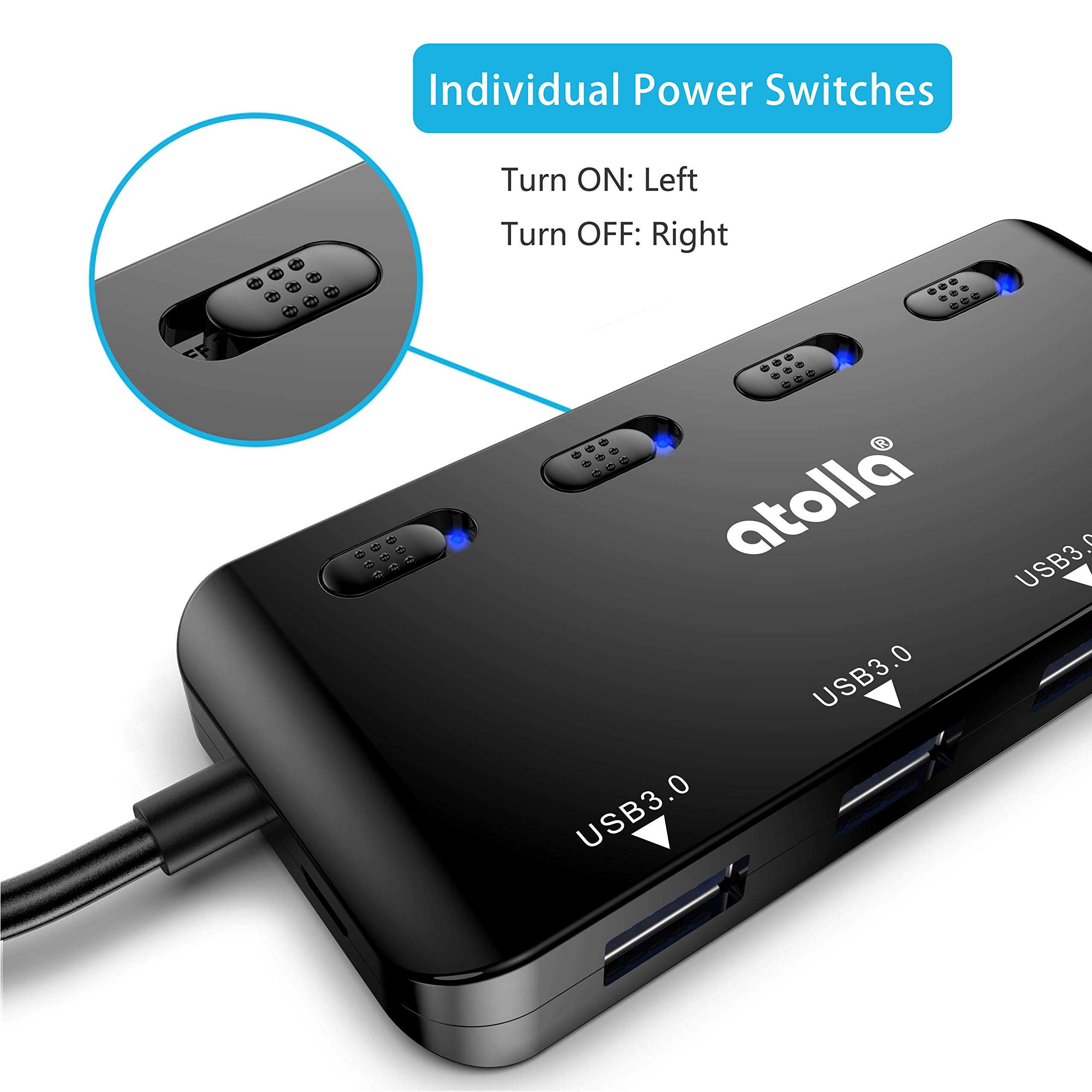 USB SD Card Reader, atolla USB Hub with SD/Micro SD Card Reader, USB Splitter with 3 USB Ports, 2 Card Slots and Individual LED Power Switches