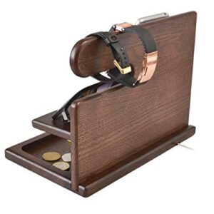 TESLYAR Wood Phone Docking Station Ash Key Holder Wallet Stand Watch Organizer Men Gift Husband Wife Anniversary Dad Birthday Nightstand Purse Father Graduation Male Travel Idea Gadgets… (Brown)