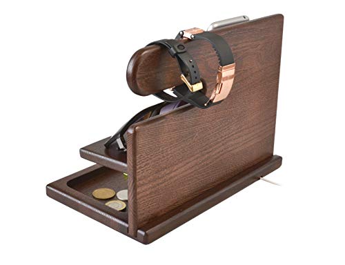 TESLYAR Wood Phone Docking Station Ash Key Holder Wallet Stand Watch Organizer Men Gift Husband Wife Anniversary Dad Birthday Nightstand Purse Father Graduation Male Travel Idea Gadgets… (Brown)