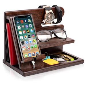 teslyar wood phone docking station ash key holder wallet stand watch organizer men gift husband wife anniversary dad birthday nightstand purse father graduation male travel idea gadgets… (brown)