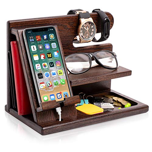 TESLYAR Wood Phone Docking Station Ash Key Holder Wallet Stand Watch Organizer Men Gift Husband Wife Anniversary Dad Birthday Nightstand Purse Father Graduation Male Travel Idea Gadgets… (Brown)