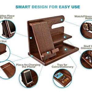 TESLYAR Wood Phone Docking Station Ash Key Holder Wallet Stand Watch Organizer Men Gift Husband Wife Anniversary Dad Birthday Nightstand Purse Father Graduation Male Travel Idea Gadgets… (Brown)