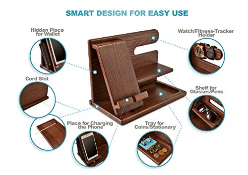 TESLYAR Wood Phone Docking Station Ash Key Holder Wallet Stand Watch Organizer Men Gift Husband Wife Anniversary Dad Birthday Nightstand Purse Father Graduation Male Travel Idea Gadgets… (Brown)