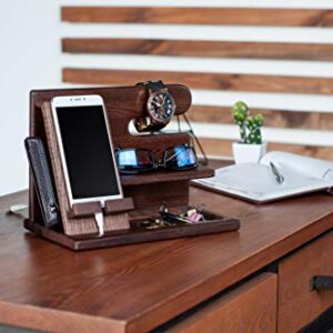 TESLYAR Wood Phone Docking Station Ash Key Holder Wallet Stand Watch Organizer Men Gift Husband Wife Anniversary Dad Birthday Nightstand Purse Father Graduation Male Travel Idea Gadgets… (Brown)