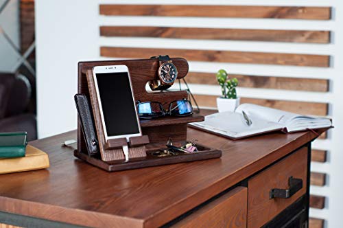 TESLYAR Wood Phone Docking Station Ash Key Holder Wallet Stand Watch Organizer Men Gift Husband Wife Anniversary Dad Birthday Nightstand Purse Father Graduation Male Travel Idea Gadgets… (Brown)