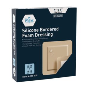 med pride silicone bordered foam 6’’ x 6’’ wound dressing pads- 10 pack-trauma bandaging for ulcers, post op wounds, injuries- adhesive, individually wrapped-sterile