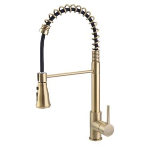 shamanda brass kitchen faucet high arc spring kitchen sink faucet with sprayer single handle hole pull down bar sink faucet brushed gold, l60001-3