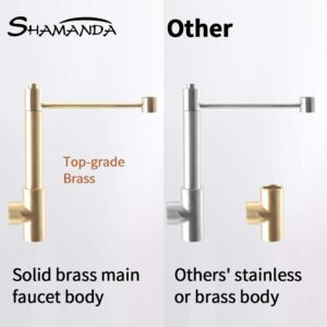 SHAMANDA Brass Kitchen Faucet High Arc Spring Kitchen Sink Faucet with Sprayer Single Handle Hole Pull Down Bar Sink Faucet Brushed Gold, L60001-3