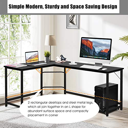 Tangkula L-Shaped Desk, 66 Inch Home Office Computer Desk PC Laptop Study Table with CPU Stand & Spacious Surface, Computer Workstation with Adjustable Foot Pads, Black