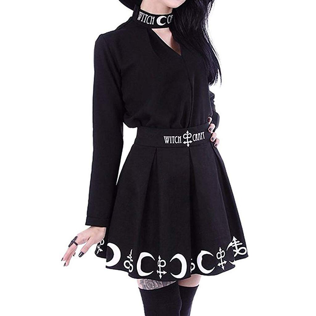 Black Skirt for Women Gothic Style Witchcraft Moon Print Pleated Punk Mini Skirts (S, Black)