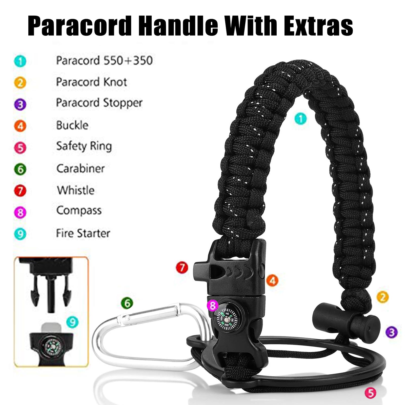 Accmor Paracord Water Bottle Handle for 12oz to 64oz Previous Version Wide Mouth Hydro Flask, Bottles Accessories Paracord Strap Carrier with Whistle Compass Safety Ring and Carabiner