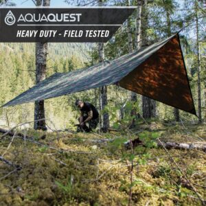 AQUAQUEST Defender Waterproof Camping Tarp - Heavy Duty Tent Shelter or Rain Fly - Camping Essentials for Hiking, Bushcraft & Hammock, 10 x 10 ft, Woodland Camo