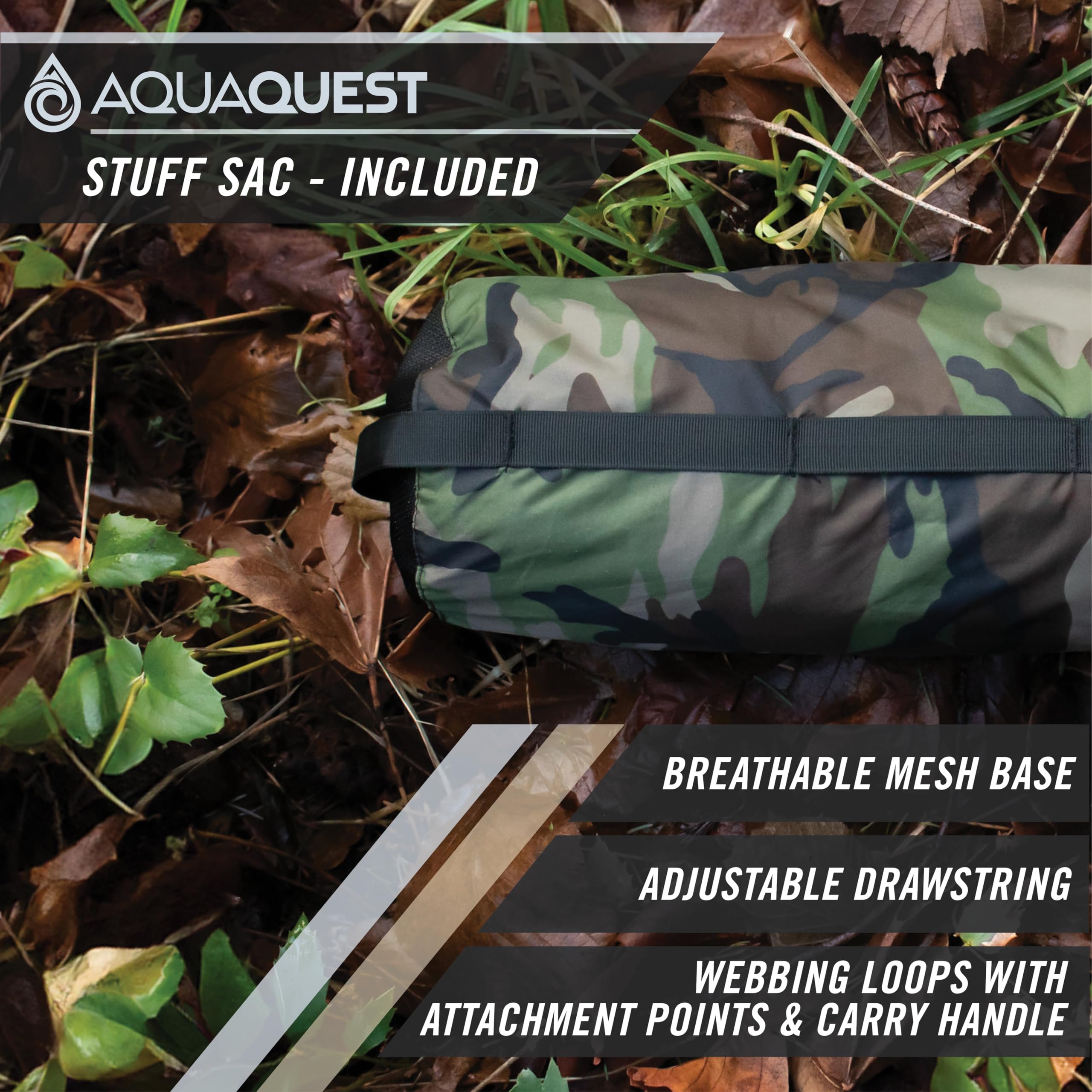 AQUAQUEST Defender Waterproof Camping Tarp - Heavy Duty Tent Shelter or Rain Fly - Camping Essentials for Hiking, Bushcraft & Hammock, 10 x 10 ft, Woodland Camo