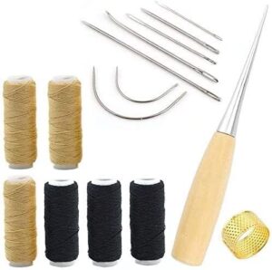 fezep upholstery repair kit, upholstery thread 3 rolls black （150 yard) and 3 rolls beige (150 yard) includes a heavy duty assorted hand sewing needles kit