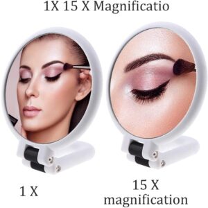 15x Magnifying Handheld Mirror,Travel Folding Hand Held Mirror,Double Sided Pedestal Makeup Mirror with 1/15x Magnification