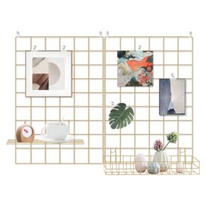 bulyzer grid wire board,for memo picture panel wall decoration for room office mat photo hanging art display frames desk storage organizer,17.3" x 11.8"(2pack) (gold)