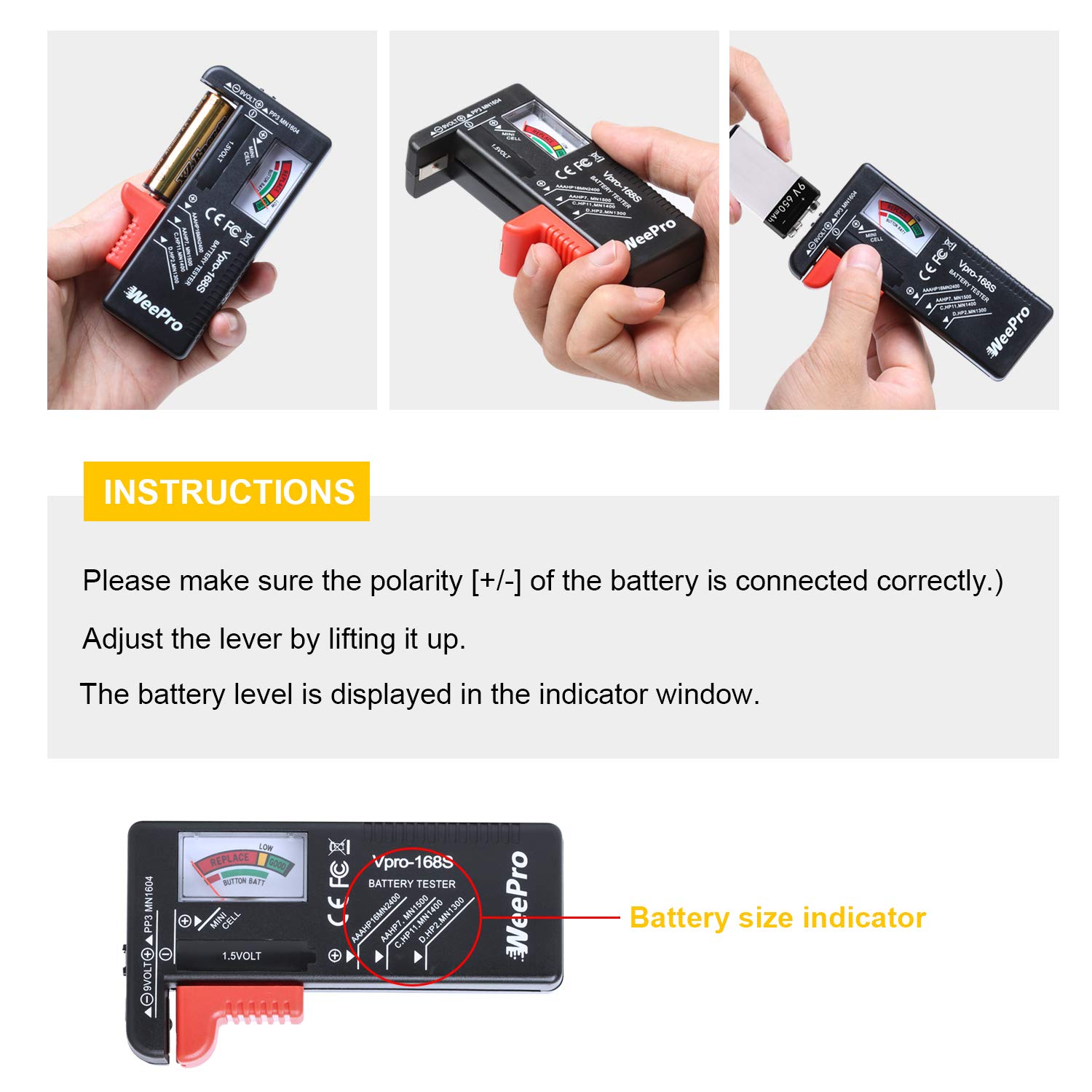 WeePro Battery Tester, Universal Battery Checker Small Battery Tester for AAA AA C D 9V 1.5V Button Cell - Battery Tester for Household Batteries