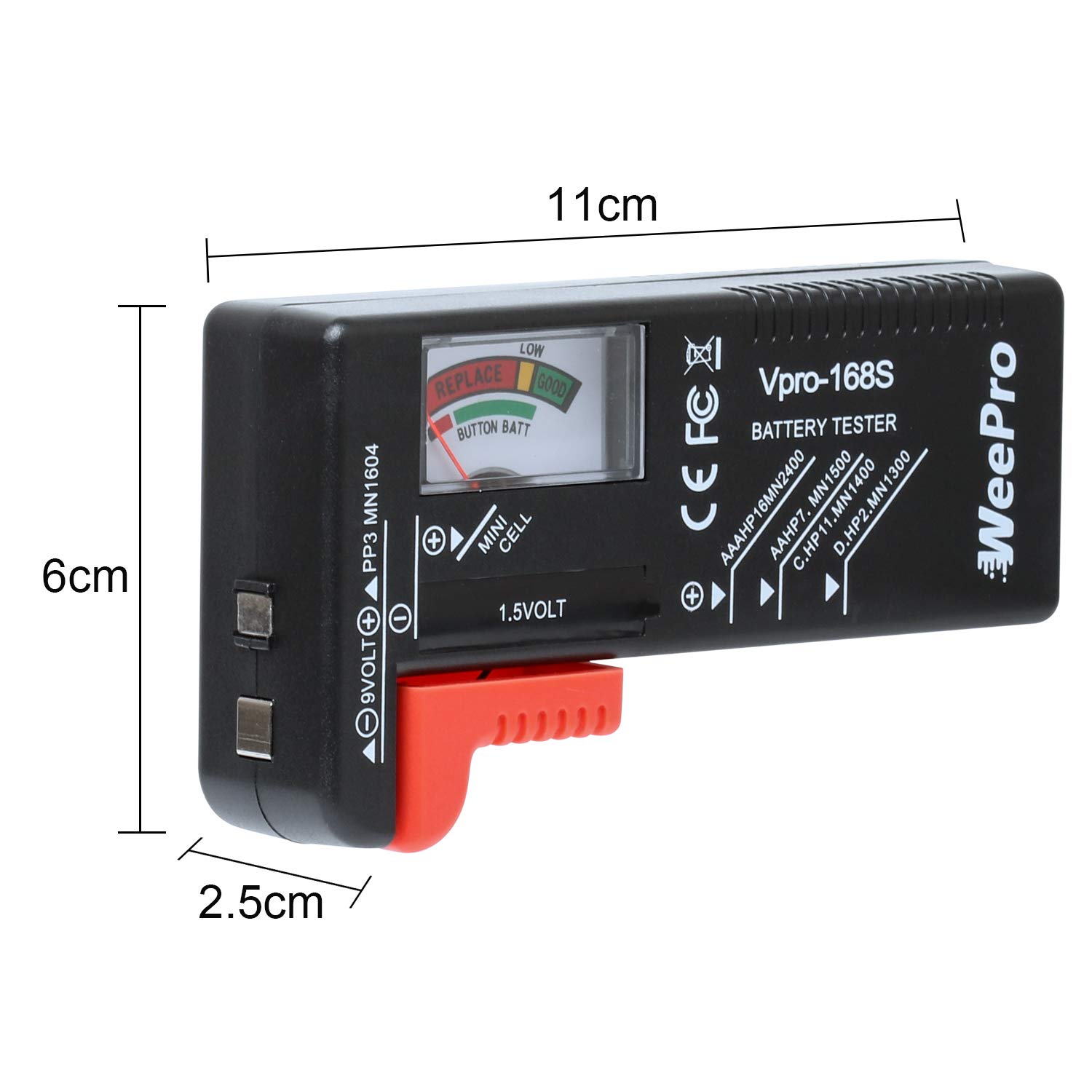 WeePro Battery Tester, Universal Battery Checker Small Battery Tester for AAA AA C D 9V 1.5V Button Cell - Battery Tester for Household Batteries