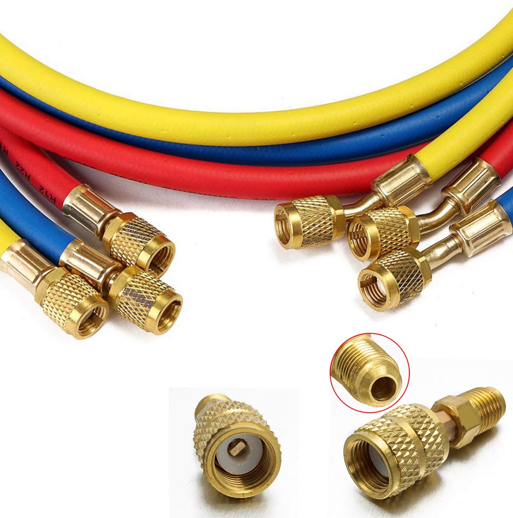 Air conditioning Refrigerant Charging Hoses with Diagnostic Manifold Gauge Set and 2 Quick Coupler for R410A R22 R404 Refrigerant charging,1/4" Thread Hose Set 60" Red/Yellow/Blue (3pcs)