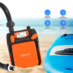 SereneLife Inflatable Paddle Board Pump Compressor - 16PSI High Pressure SUP Inflator - 12V DC Car Connector - Electric Air Pump for Paddle Boards, Boats, Rafts, Pool Toys - Deflation Function